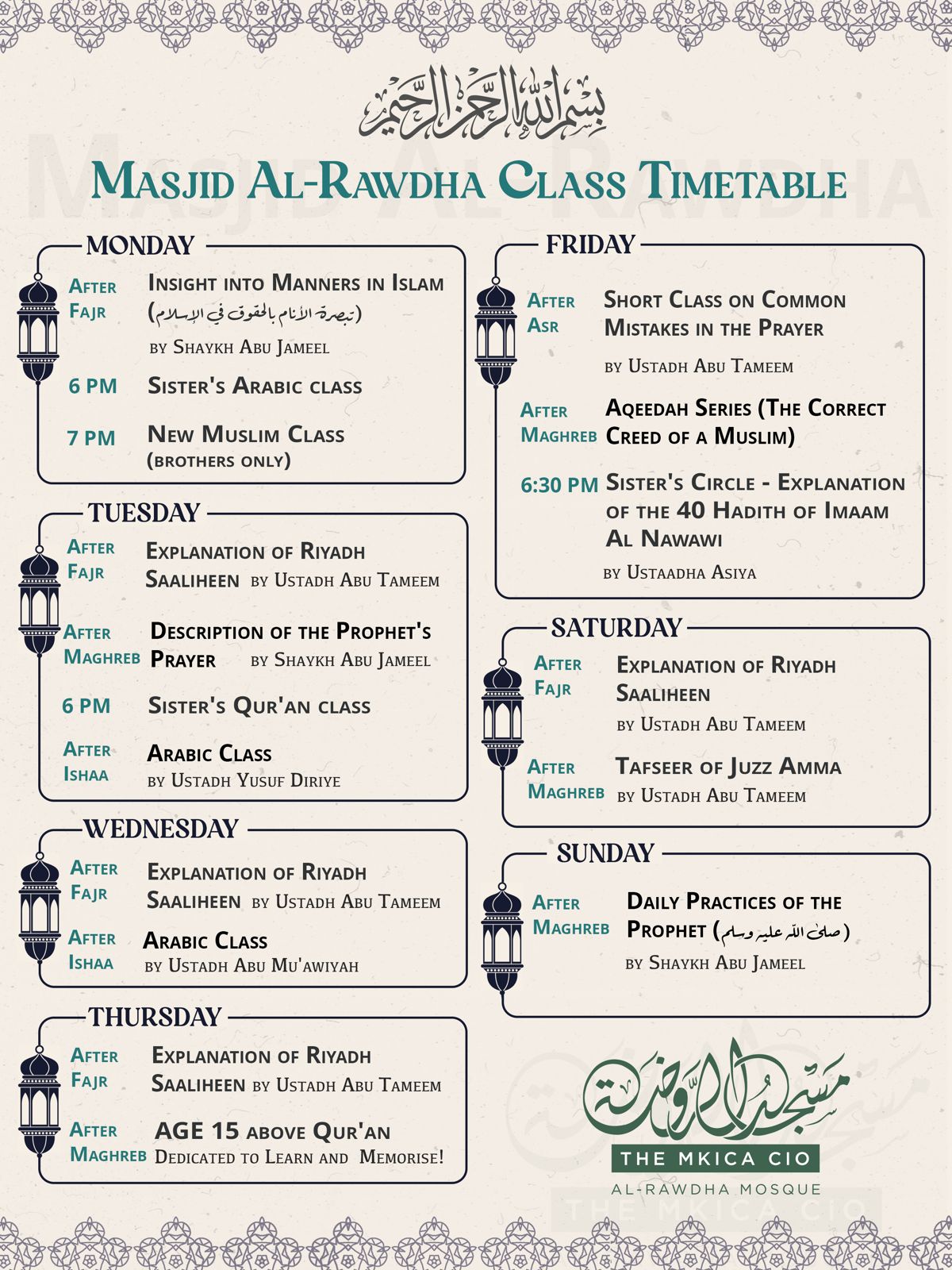 MASJID CLASS TIMETABLE – Al-Rawdha Mosque